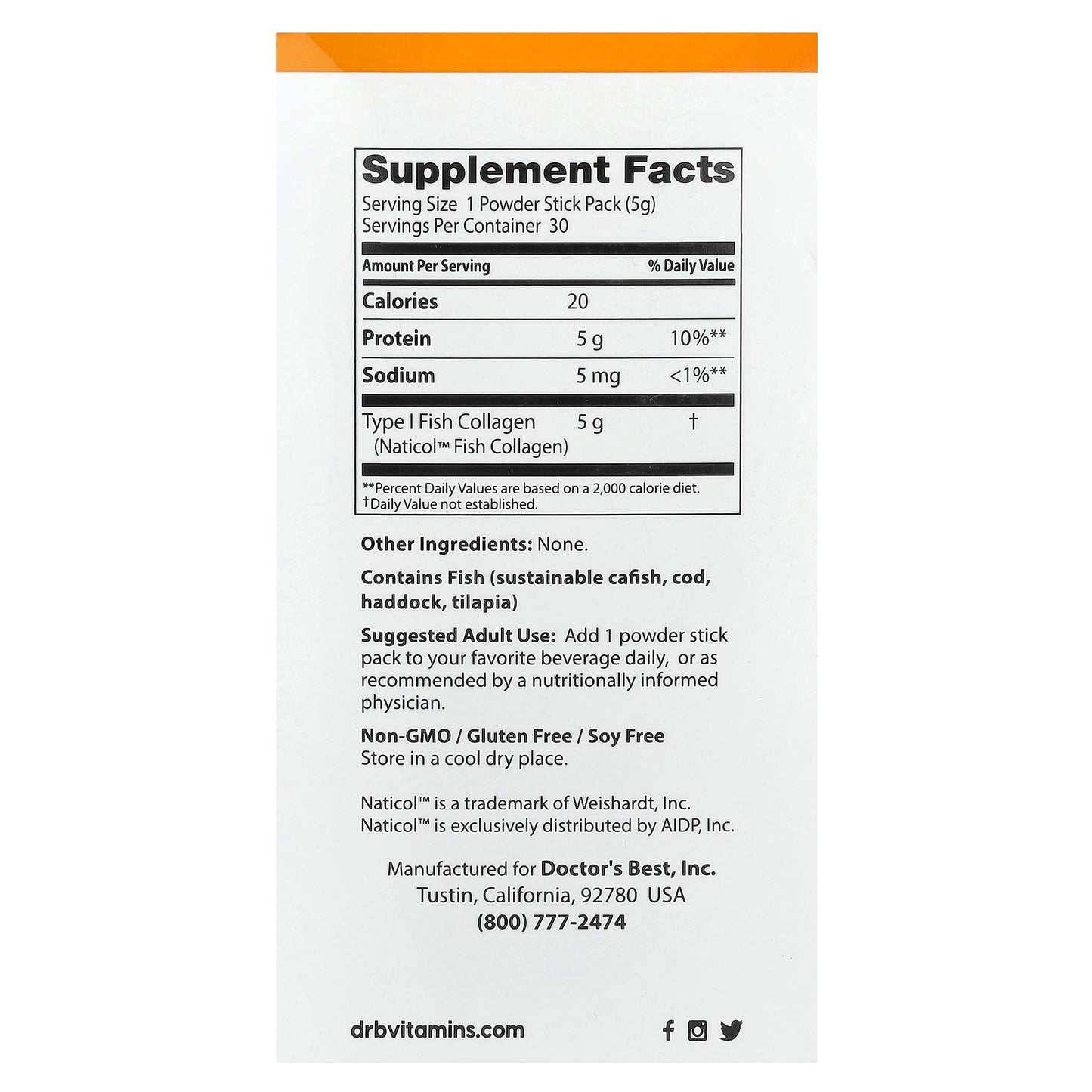 Doctor's Best Fish Collagen with Naticol, 5 g, 30 Powder Stick Packs